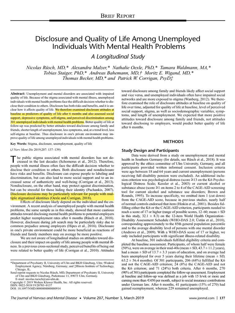 Disclosure and Quality of Life Among Unemployed Individuals With Mental ...