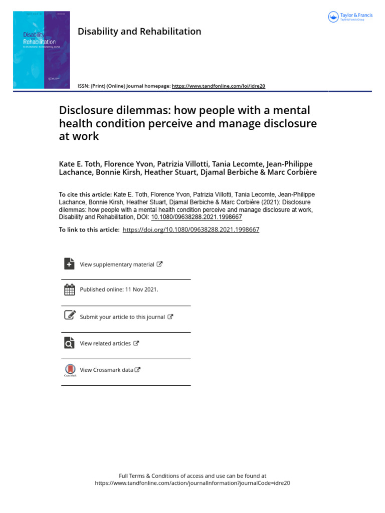 Disclosure Dilemmas - Toth Et Al - 2021 Disclosure Dil | PDF | Mental ...