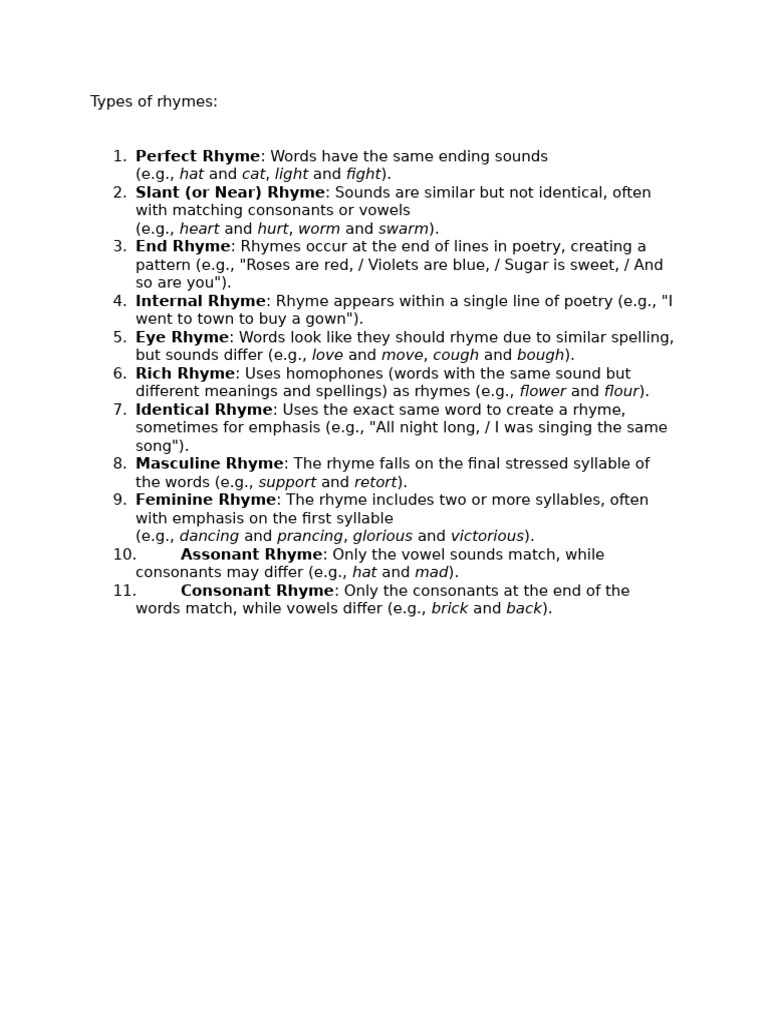 Types of Rhymes | PDF | Poetry