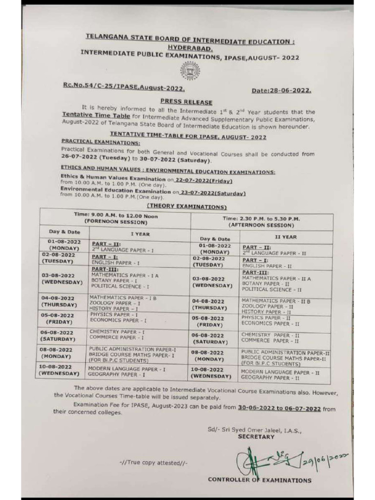 TS Inter ASE Time Table 2022 | PDF