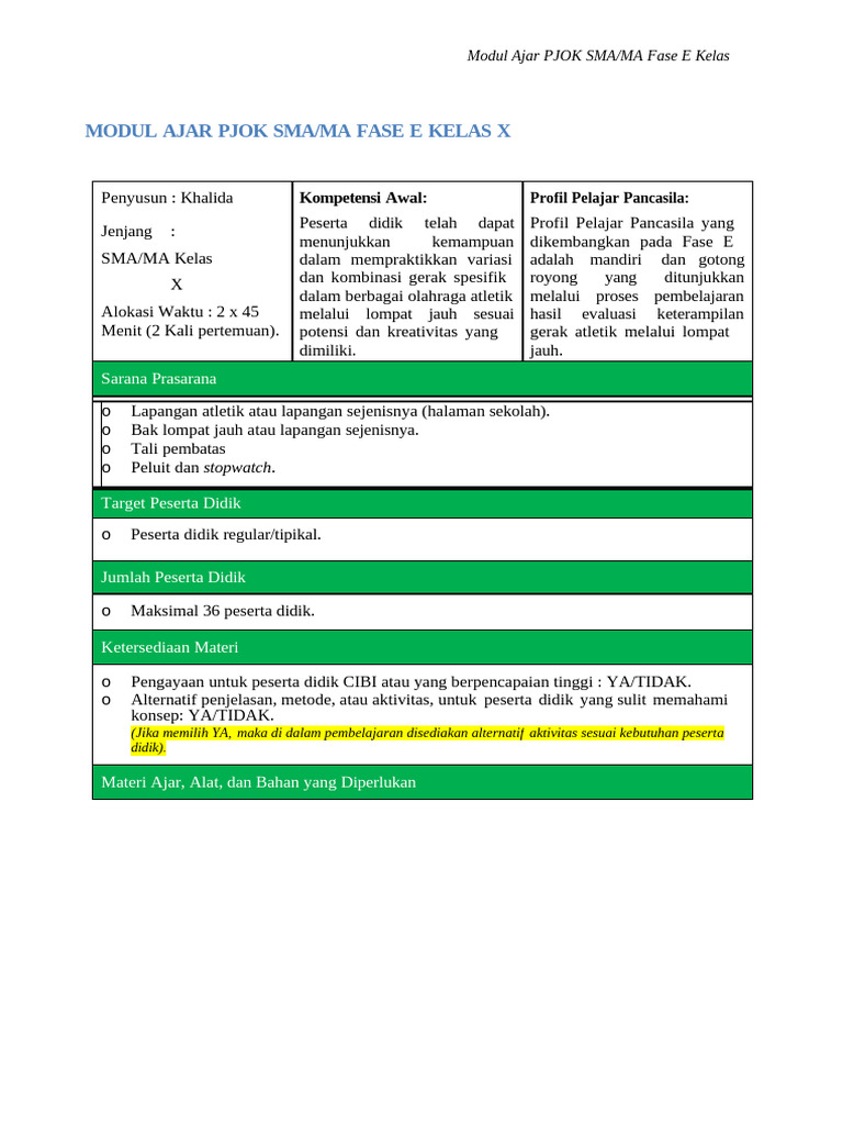 Modul Ajar Penjas Athletik Lompat Jauh | PDF | Karier & Perkembangan