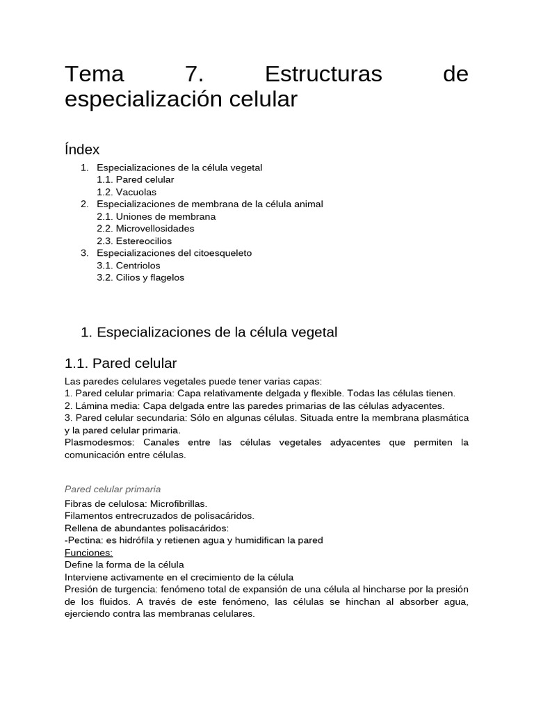 Tema 7. Estructuras de Especialización Celular | PDF | Biología Celular) | Pared celular