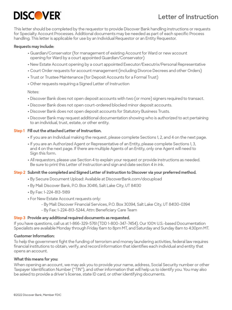Discover Bank Letter of Instruction Guide | PDF