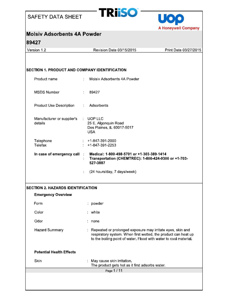 UOP-SDS-Molsiv 4A Powder | PDF