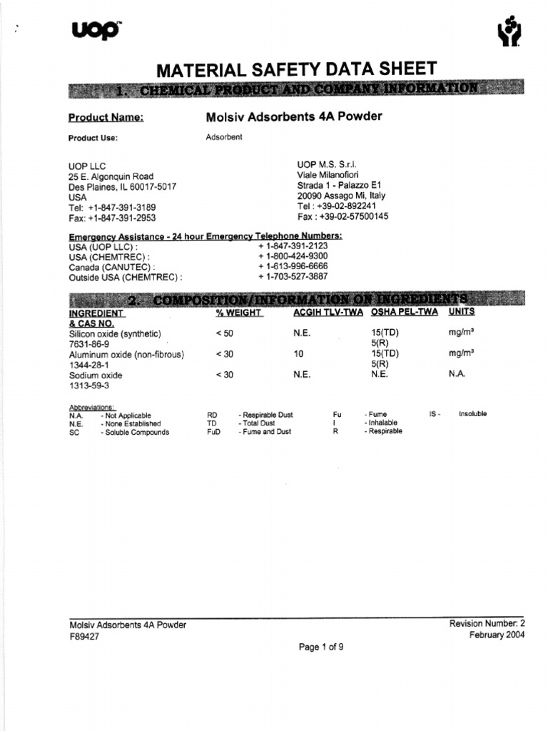 UOP-MSDS-Molsiv 4A Powder | PDF