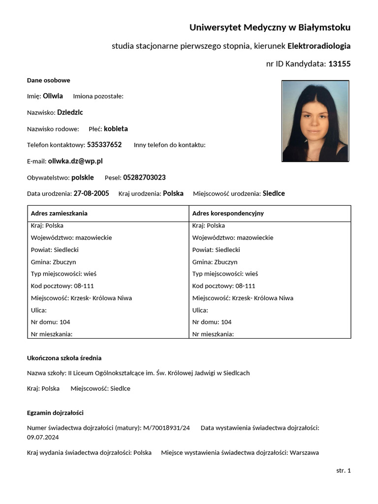 Formularz Rejestracyjny (Kwestionariusz Osobowy) | PDF