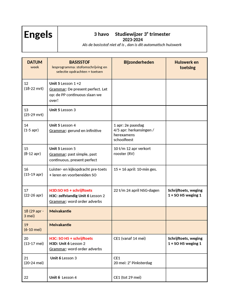 Studiewijzer H3 Engels 3e Periode 2023-2024 | PDF