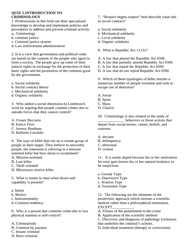 Criminology Subject Practice Test | PDF | Criminology | Crimes