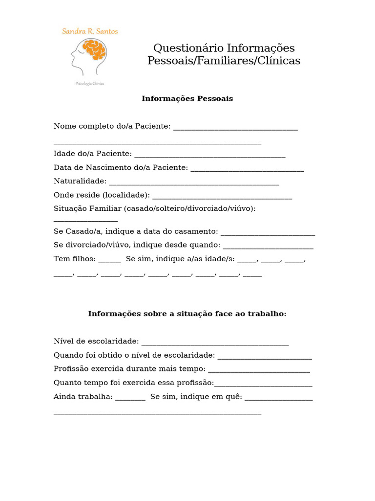 Questionário Informações Pessoais | PDF | Causas de morte | Neurologia