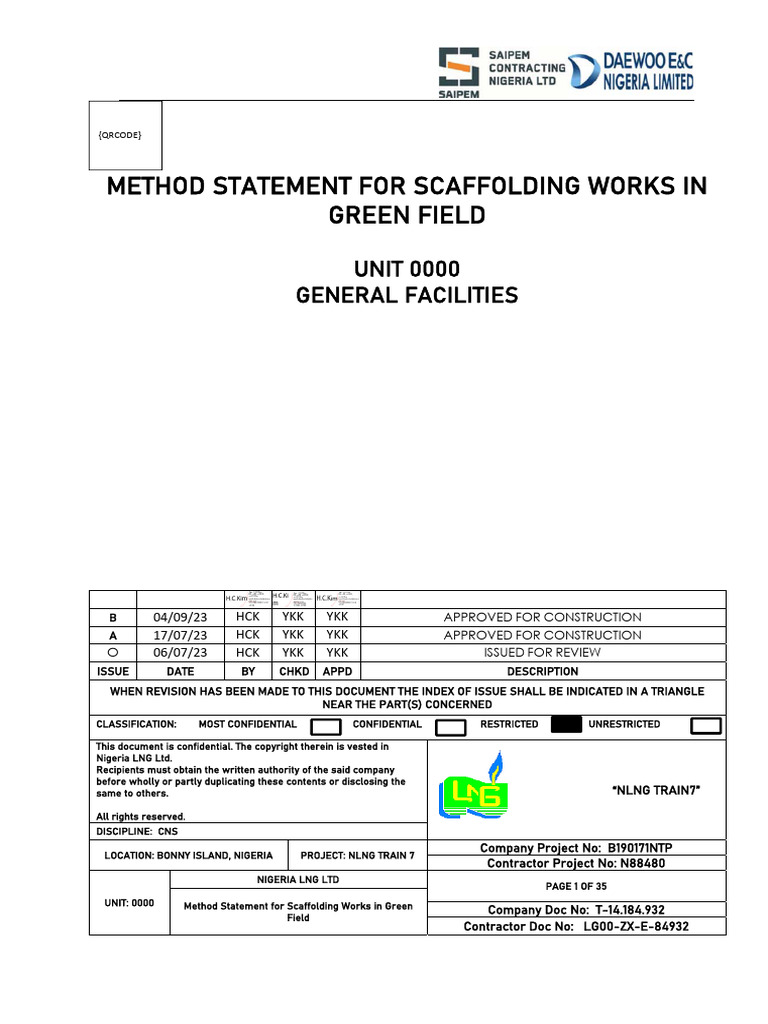 Greenfield Method Statement For Scaffolding Installation Rev.b | PDF | Scaffolding | Equipment