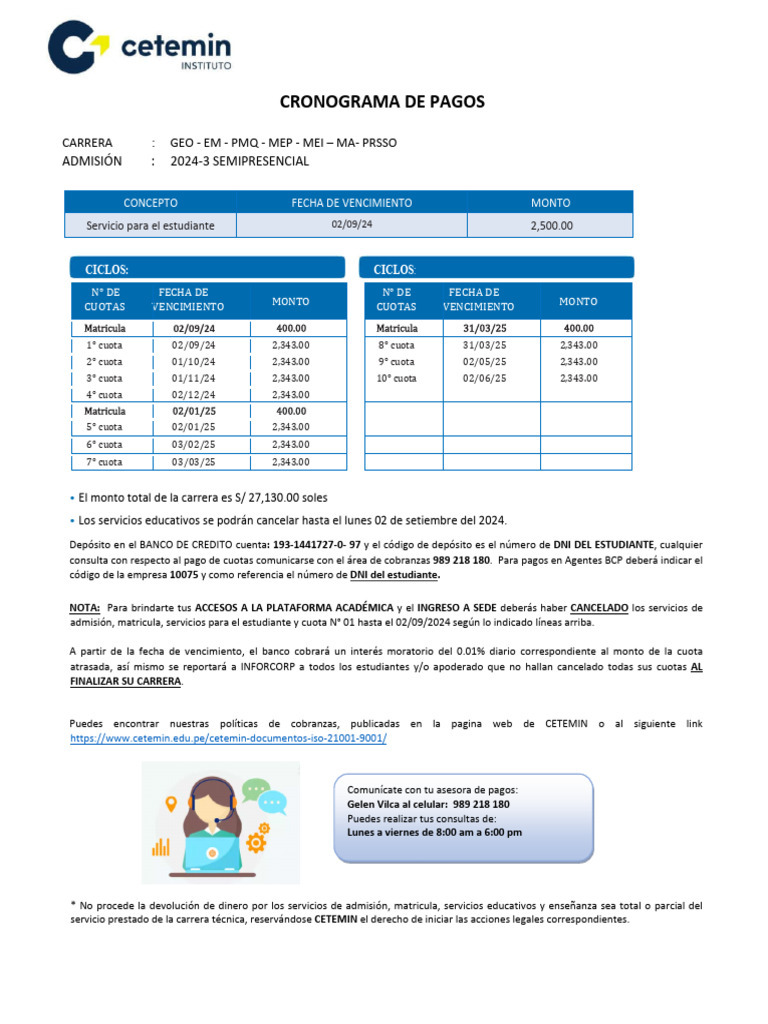 Cronograma de Pagos CETEMIN 2024 | PDF | Bancario | Dinero