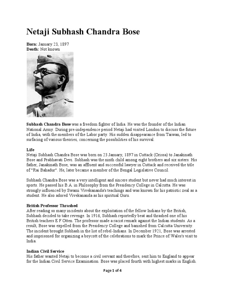 Subhash Chandra Bose- Biography | Indian National Congress | Indian Independence Movement