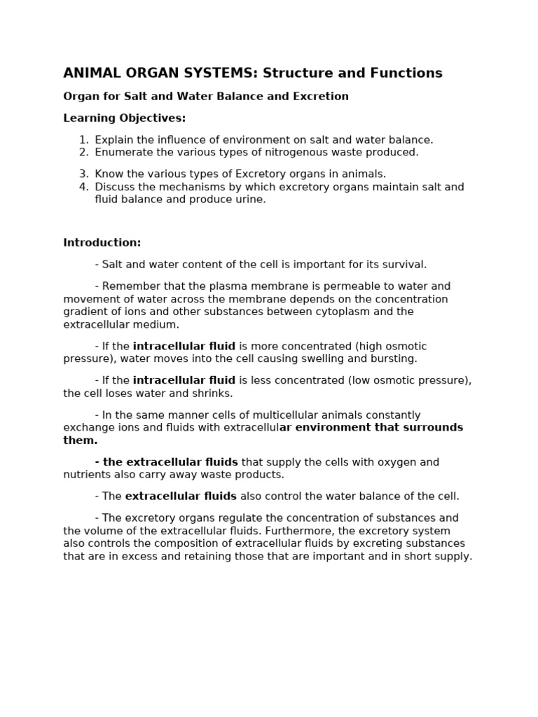 Organ For Salt and Water Balance and Excretion | PDF | Kidney | Physiology