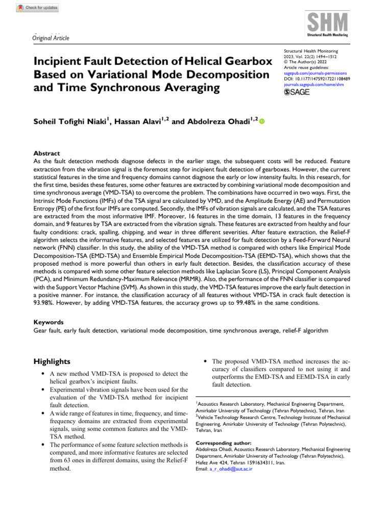 Tofighi Niaki Et Al 2022 Incipient Fault Detection of Helical Gearbox Based On Variational Mode ...