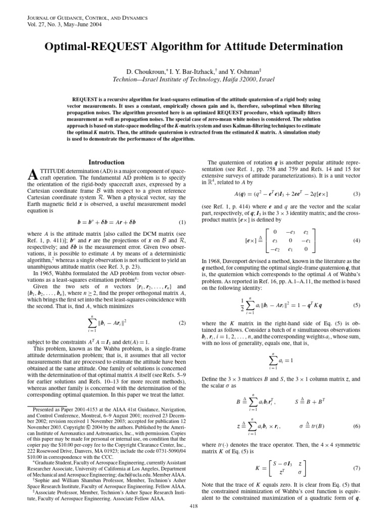 Optimal-REQUEST Algorithm for Attitude Determination | PDF | Matrix (Mathematics) | Kalman Filter