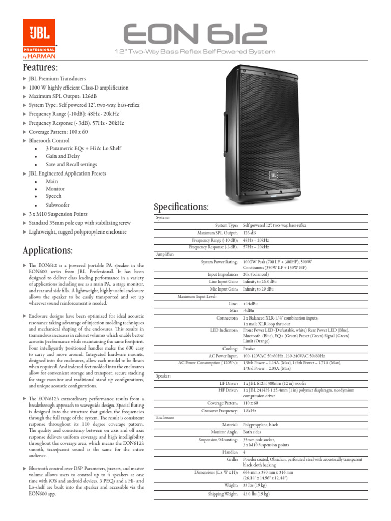 EON612 SpecSheet 4 28 15 | PDF | Loudspeaker | Audio Electronics