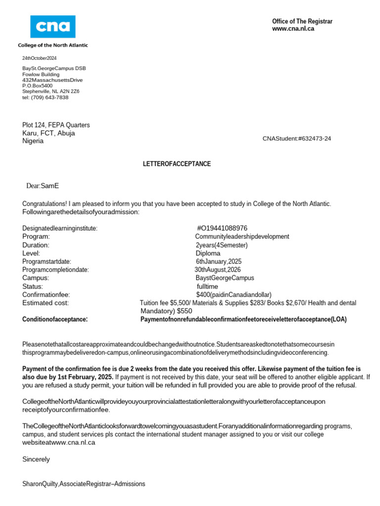 Cna Letter of Acceptance Sam Edem Idoreyin | PDF | Payments | Services ...