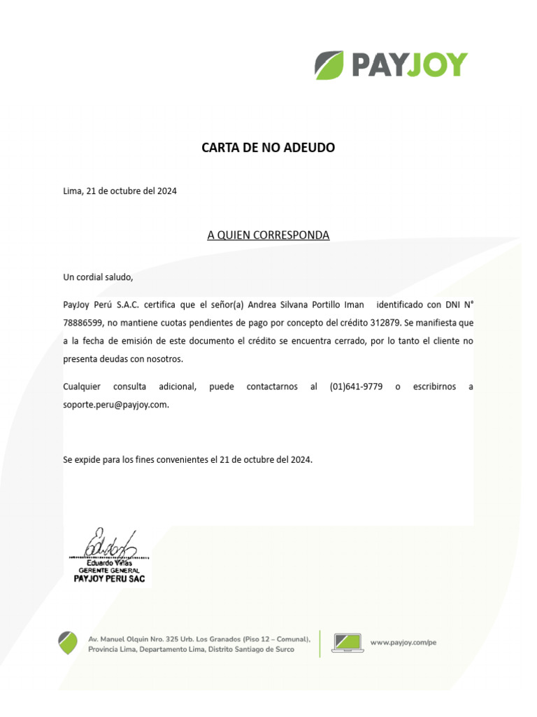Carta de No Adeudo - PayJoy Perú | PDF | Negocios | Finanzas y dinero