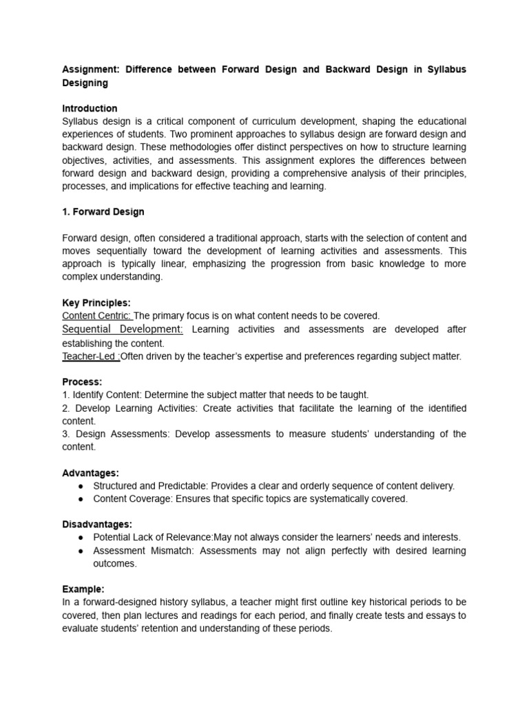 Assignment_ Difference between Forward Design and Backward Design in Syllabus Designing | PDF ...