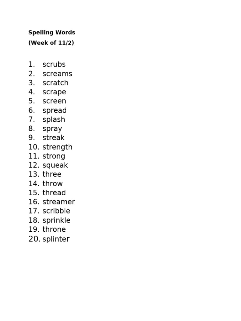 Spelling Words For Week of 11-2 (Review Week) | PDF