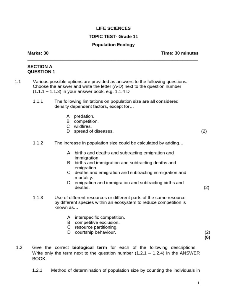 Grade 11 Topic Test Population Ecology | PDF | Ecology | Natural ...