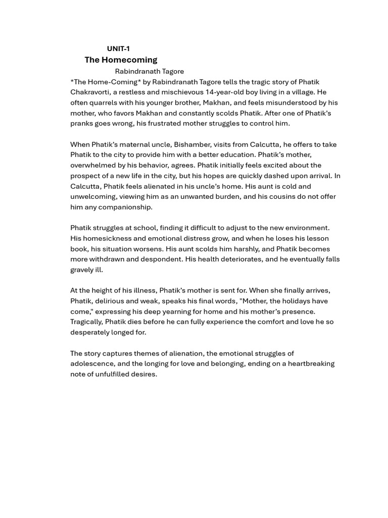 The Homecoming: UNIT-1 | PDF