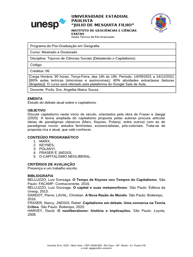 Modelo - Programa de Disciplina 2021 | PDF | São Paulo | Capitalismo