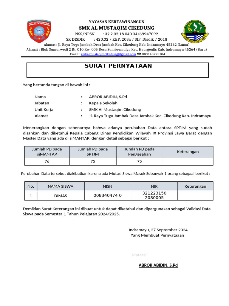 Surat Pernyataan Jumlah Siswa | PDF