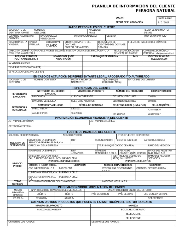 Planilla de Informacion Del Cliente PN | PDF | Venezuela | Business