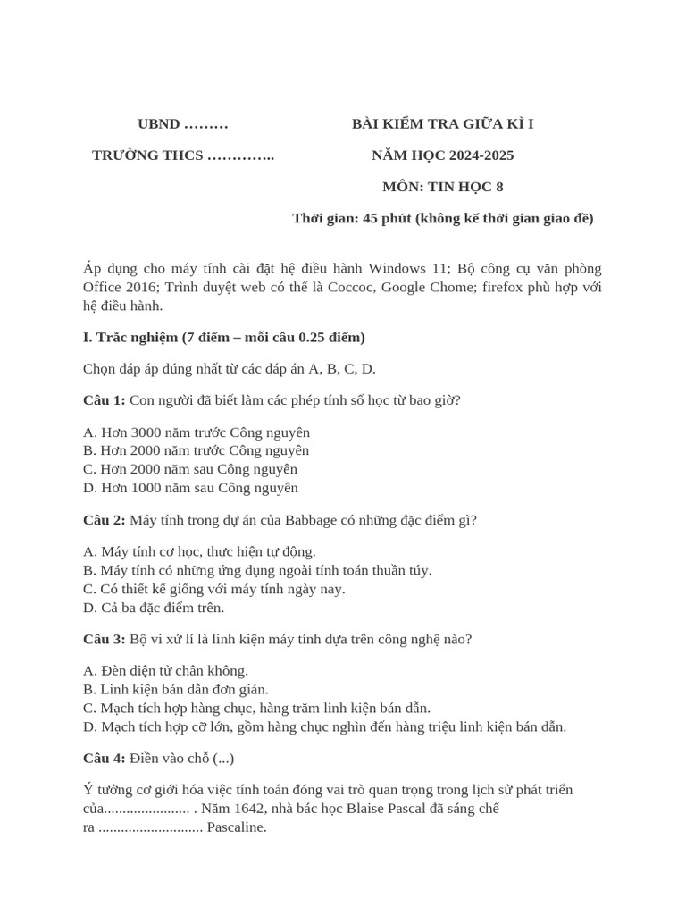 De Thi GK1 Tin Hoc 8 KNTT de 1 | PDF