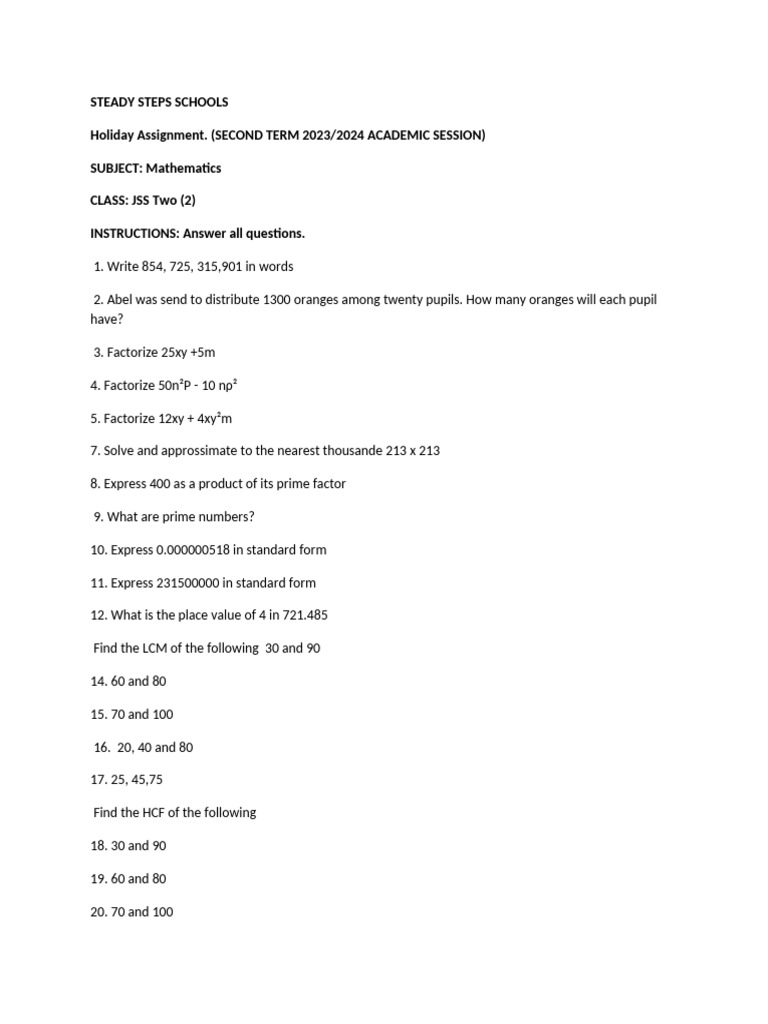 JSS Two(2) Maths Holiday Assignments | PDF