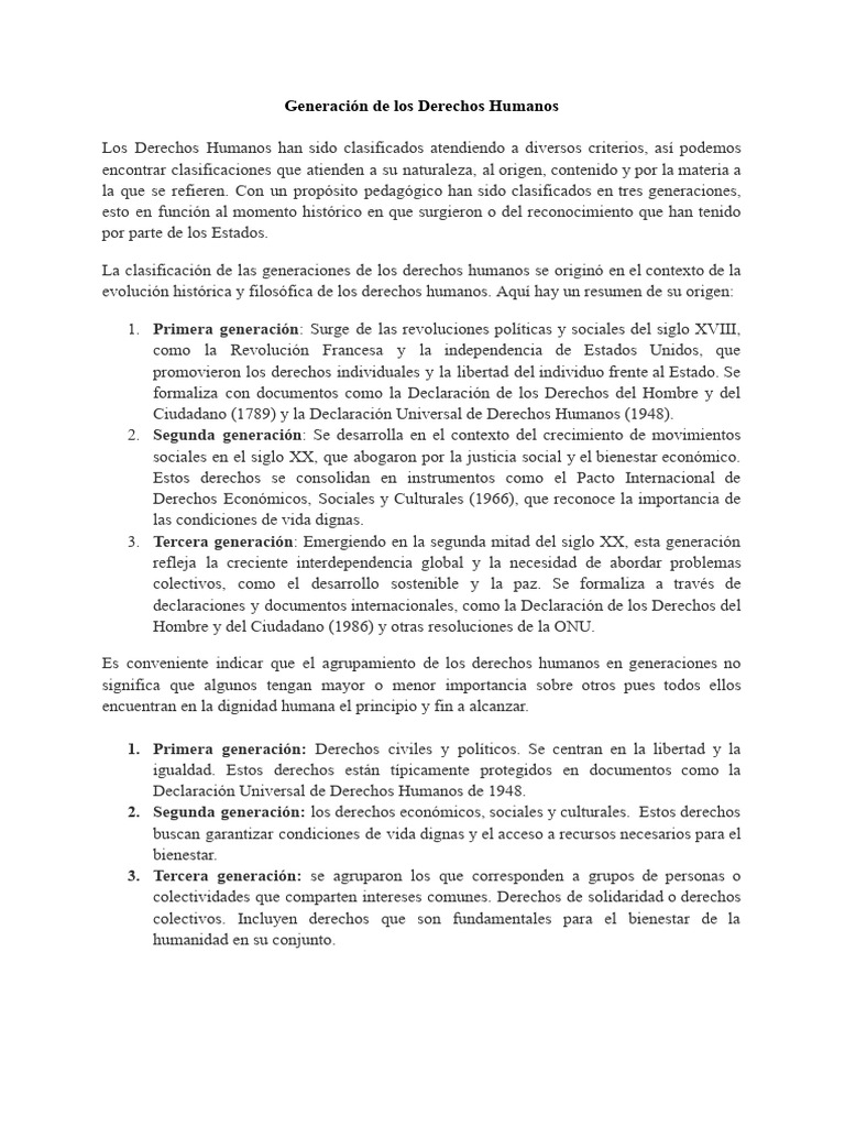 Clasificación de las Generaciones de Derechos Humanos | PDF | Derechos ...