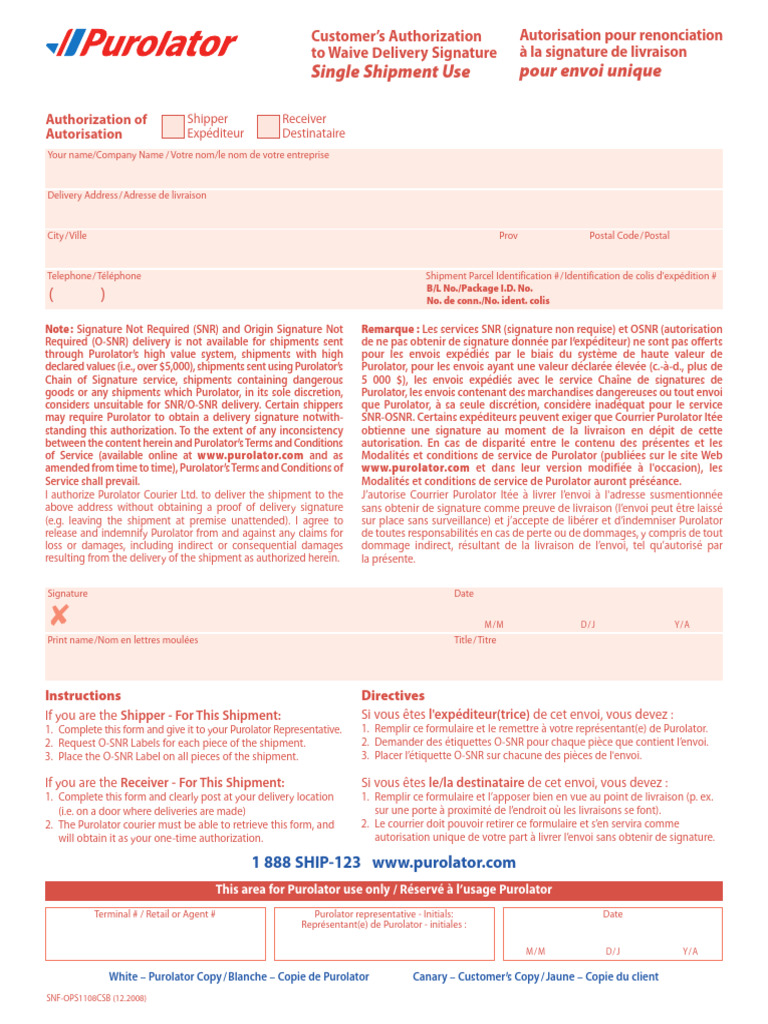 Autorisation de Livraison SNR Purolator | PDF