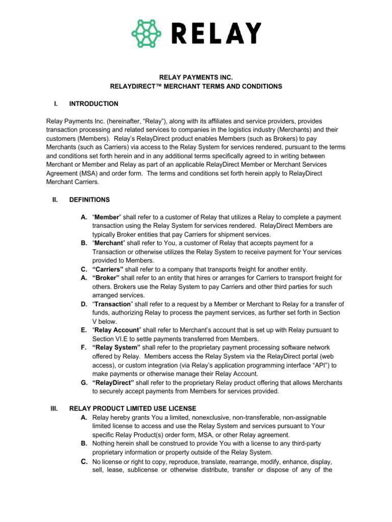 Relay Payments Relaydirect Merchant Terms and Conditions | PDF ...