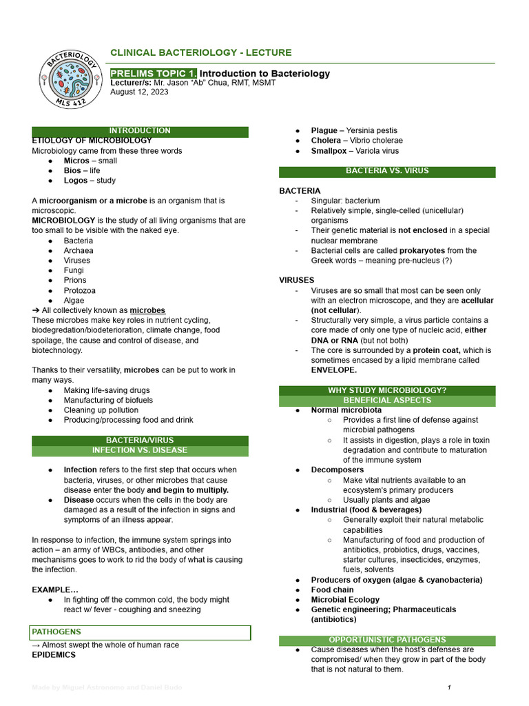 (BACTE-LEC) 1. Introduction To Bacteriology | PDF | Microorganism | Infection