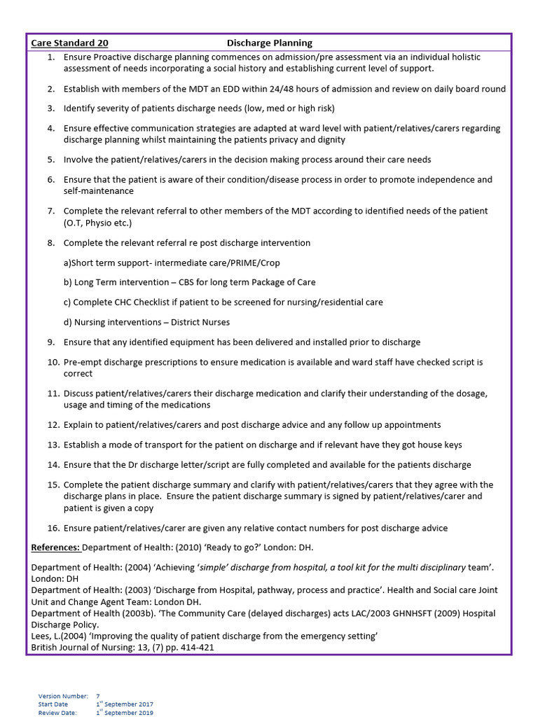 Care Standard 20 Discharge Planning | PDF | Caregiver | Patient