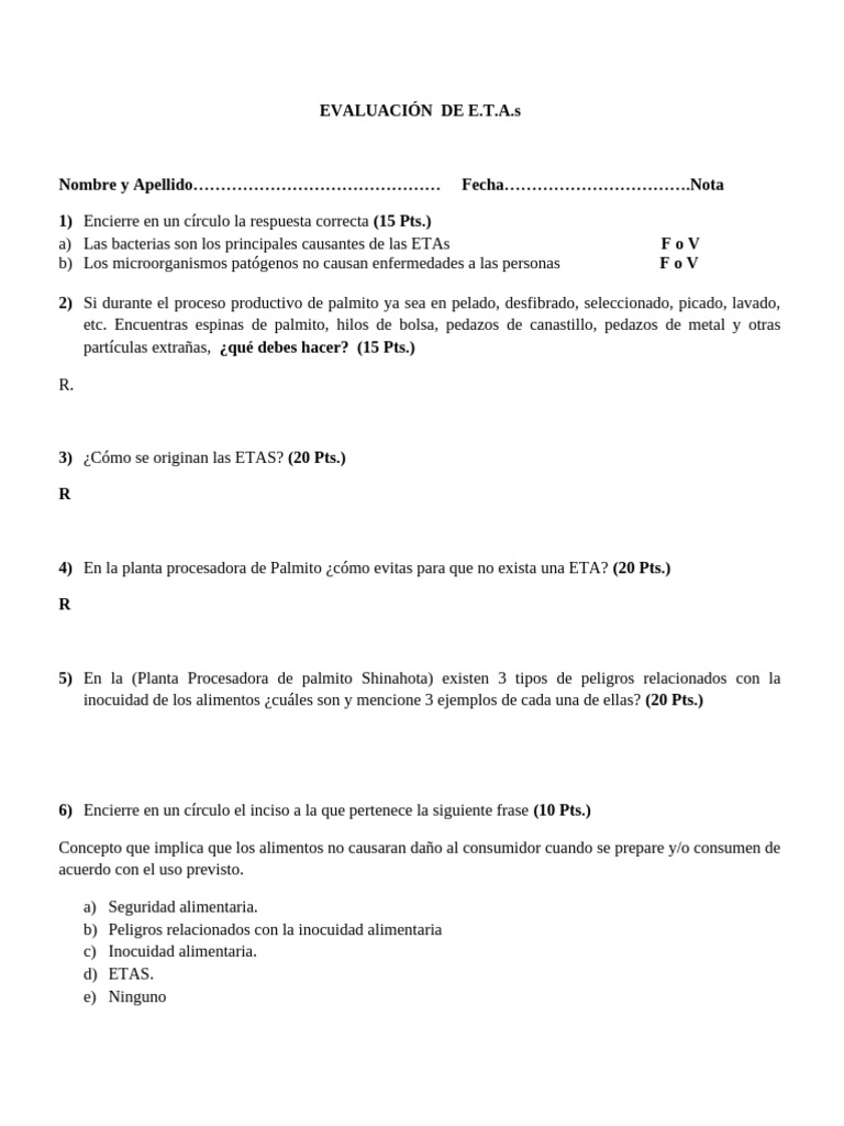 Evaluación de Inocuidad Alimentaria ETAs | PDF | Seguridad alimenticia ...