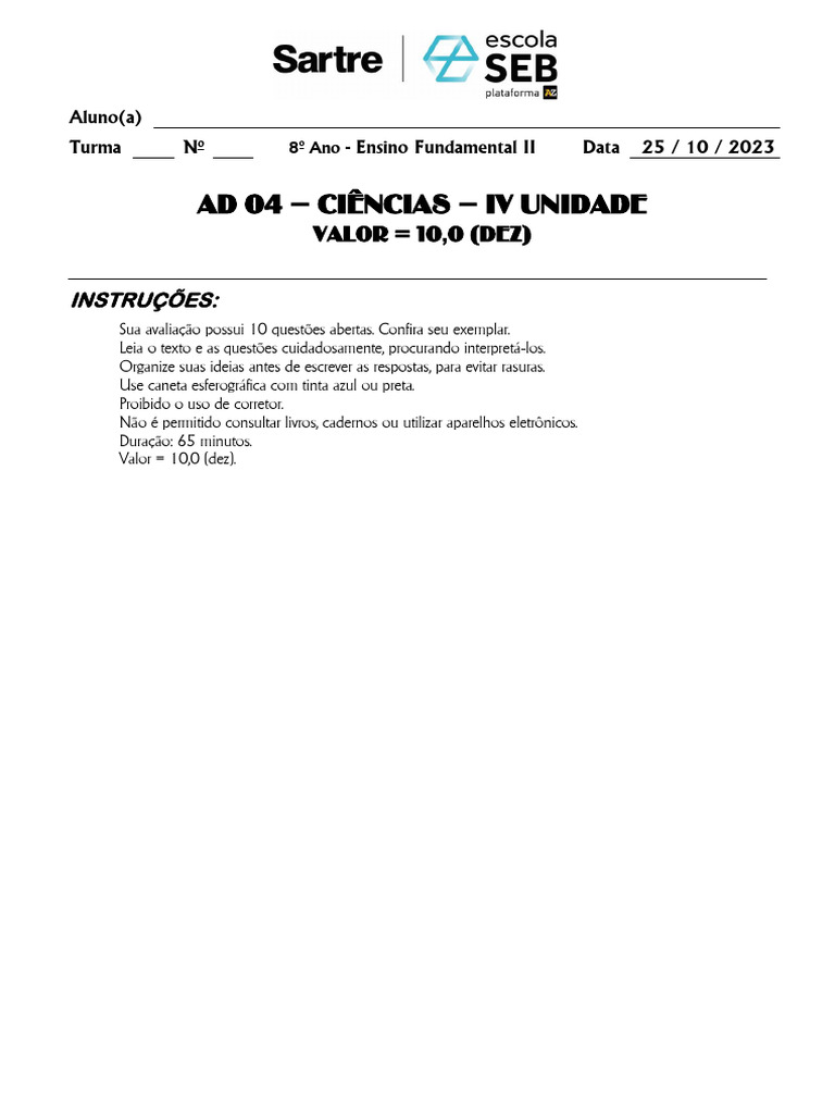 AD - Ciencias-8º-ano-Vesp. (25-10) - Comentada | PDF | Sistema ...