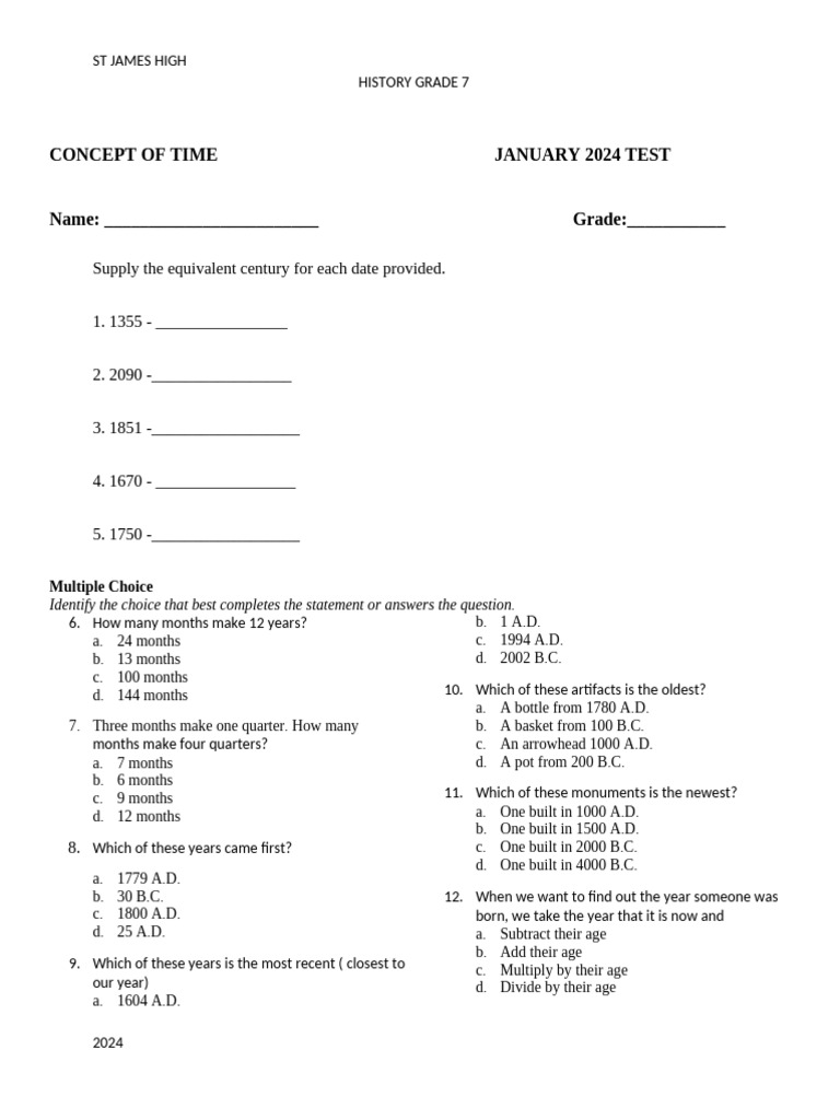 Grade 7 Test Time Concept 2024 | PDF | Anno Domini