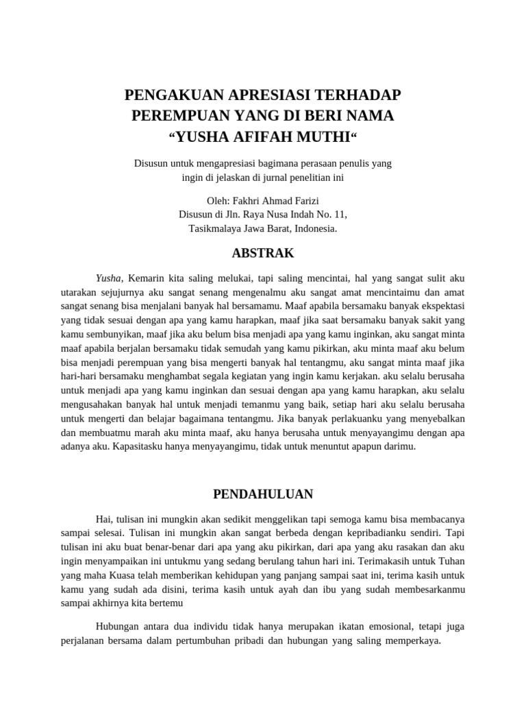 Pengakuan Apresiasi Terhadap Perempuan Yang Di Beri Nama Yusha Afifah Muthi | PDF