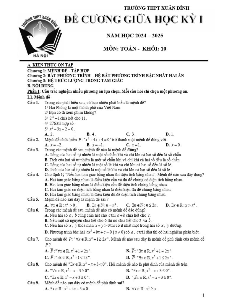 De Cuong Giua Hoc Ky 1 Toan 10 Nam 2024 2025 Truong THPT Xuan Dinh Ha Noi | PDF