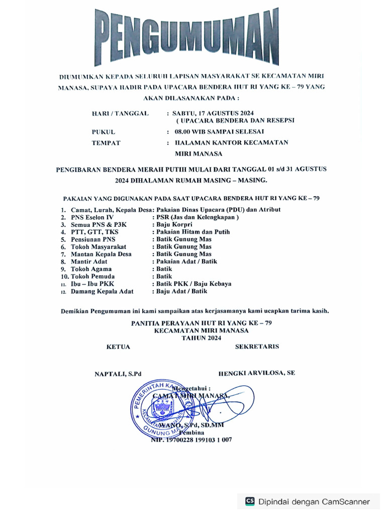 Pengumuman Upacara Dan Pakaian Saat Pelaksanaan Hut | PDF