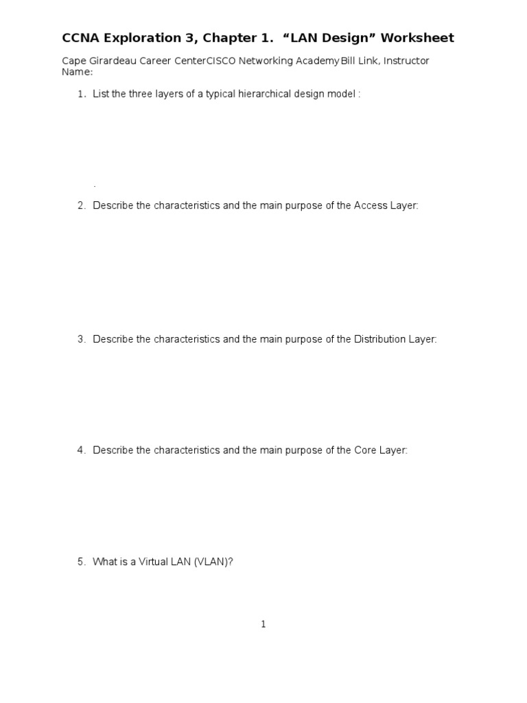 CCNA Exploration 3, Chapter 1. "LAN Design" Worksheet | PDF | Network Switch | Computer Network