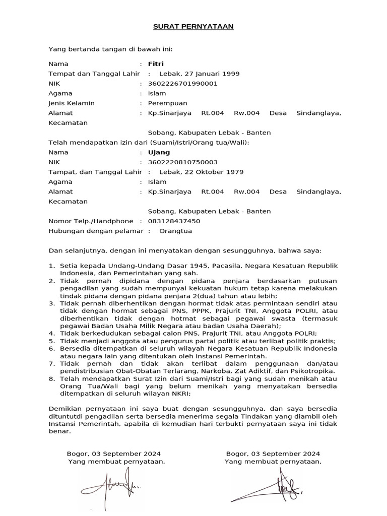 SURAT PERNYATAAN New - Ditandatangani | PDF