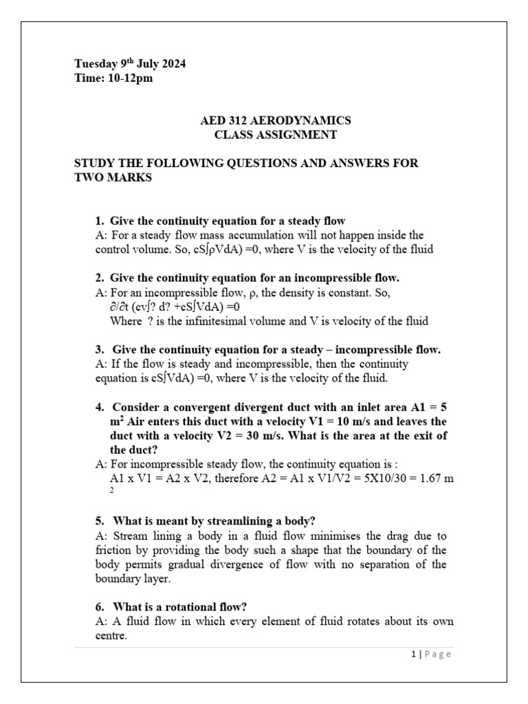 AED 312 Aerodynamics Questions - Ver1-1 | PDF | Vortices | Lift (Force)