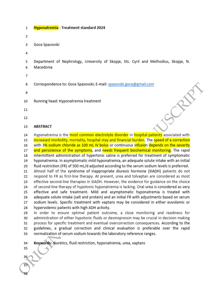 Goce Spasovski Hyponatremia Treatment Standard 2024 | PDF | Medicine ...