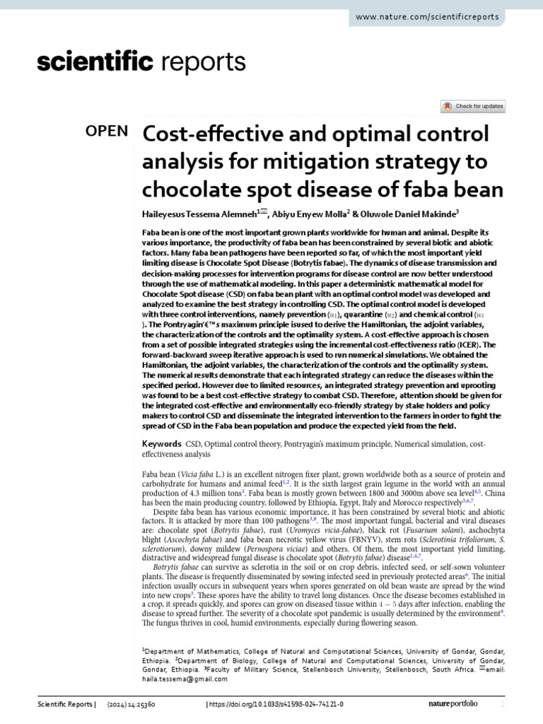 Cost-Effective and Optimal Control Analysis For Mitigation Strategy To Chocolate Spot Disease of ...