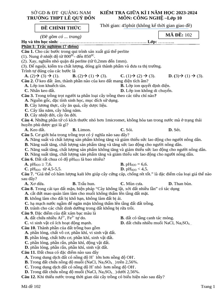 ĐỀ KTGK I CN 10 (2023-2024) | PDF