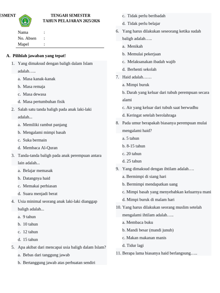 Soal PTS Kelas 4 | PDF