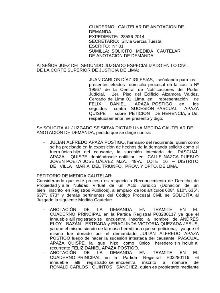Medida Cautelar de Anotación de Demanda | PDF | Demanda judicial | Mandato